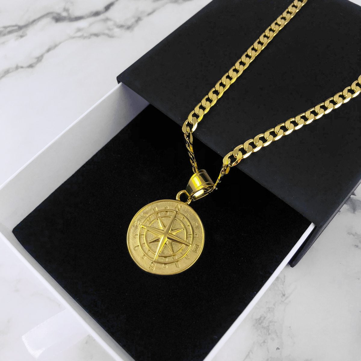 18ct Gold Bonded Compass Pendant and 22 Inch Curb Chain